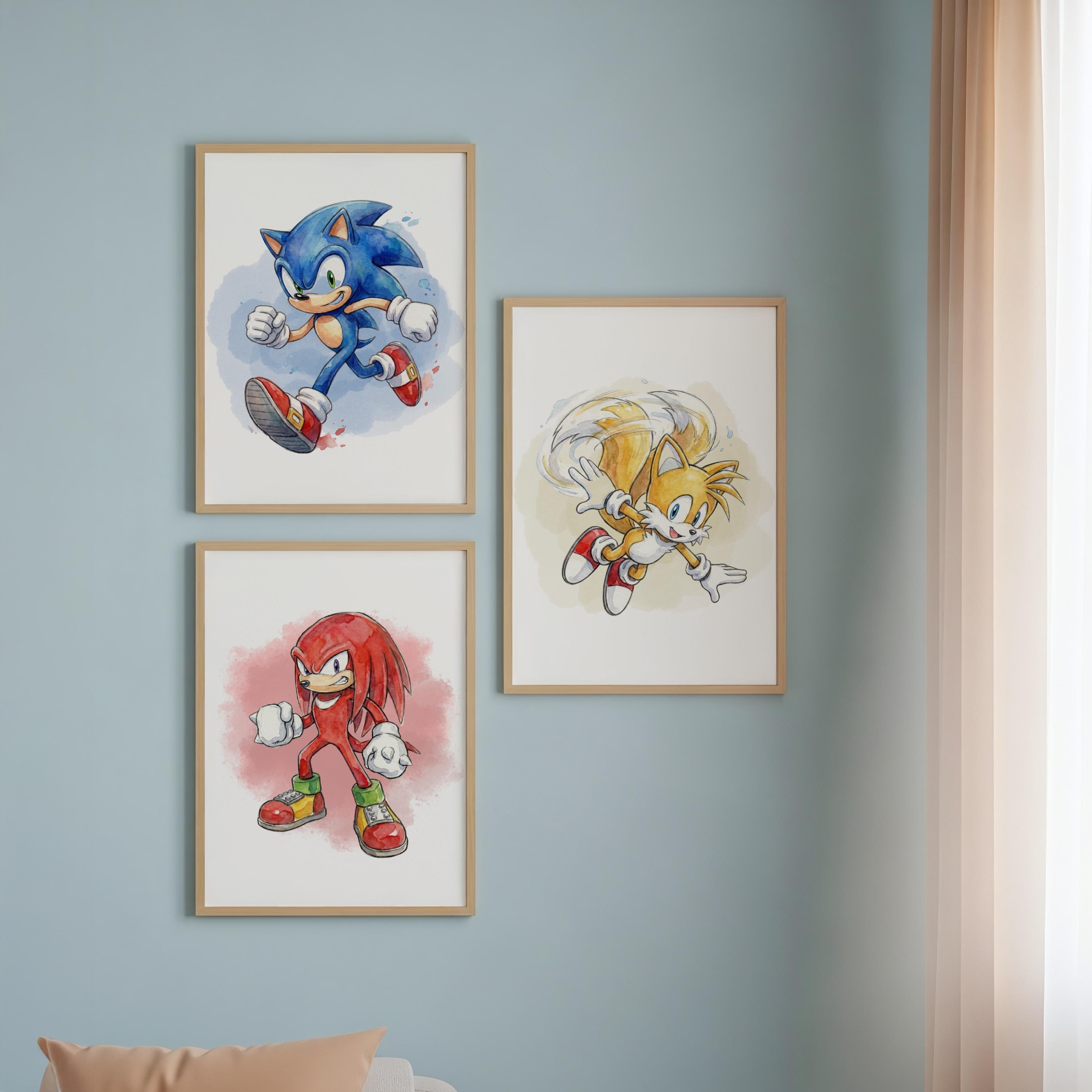 Set of 3 Sonic the Hedgehog Wall Art – Sonic Tails Knuckles, Kids Room ...