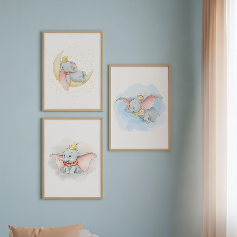 Dumbo Nursery Wall Art Set of 3, Printable Baby Room Decor, Elephant ...