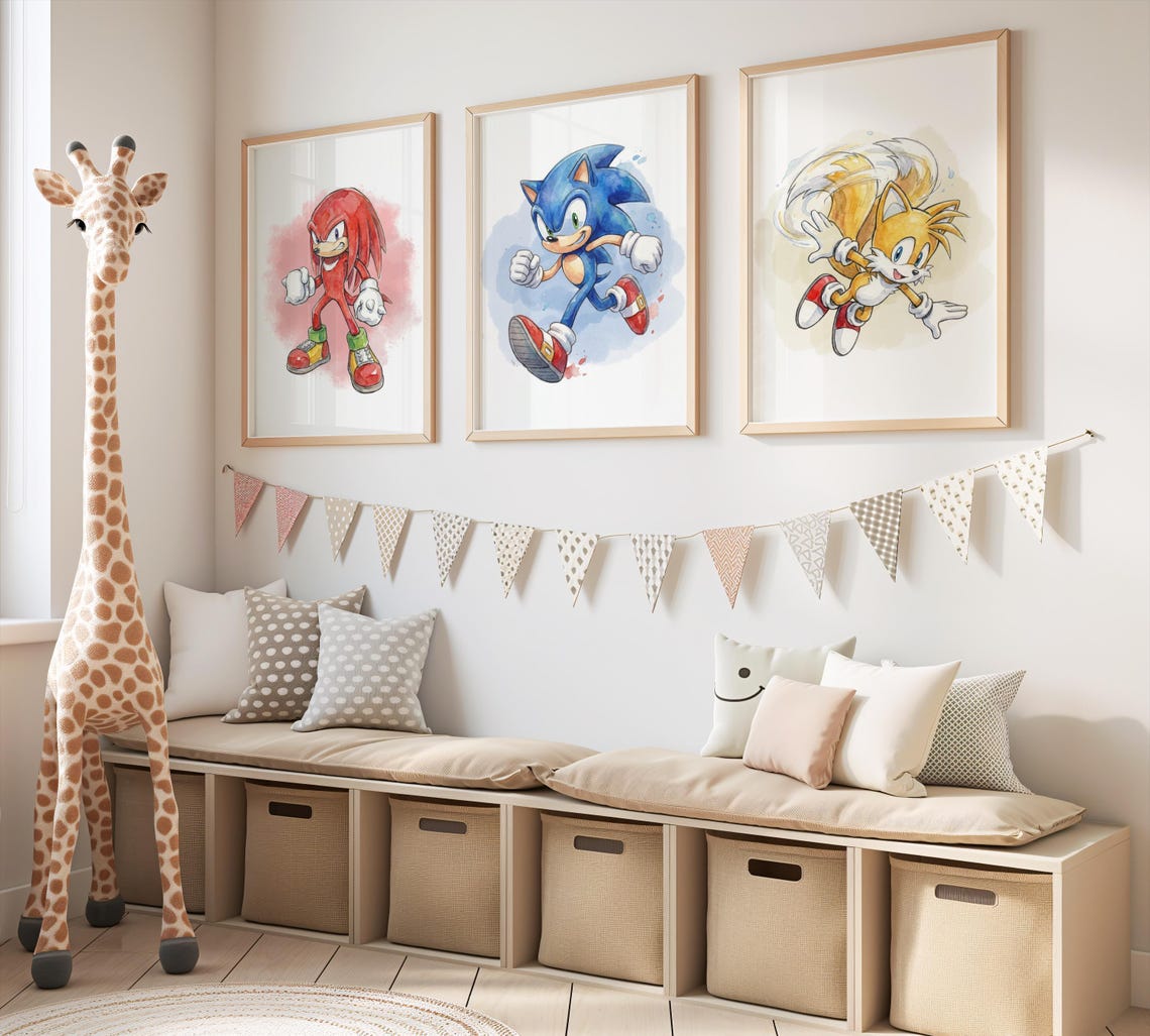 Set of 3 Sonic the Hedgehog Wall Art – Sonic Tails Knuckles, Kids Room ...
