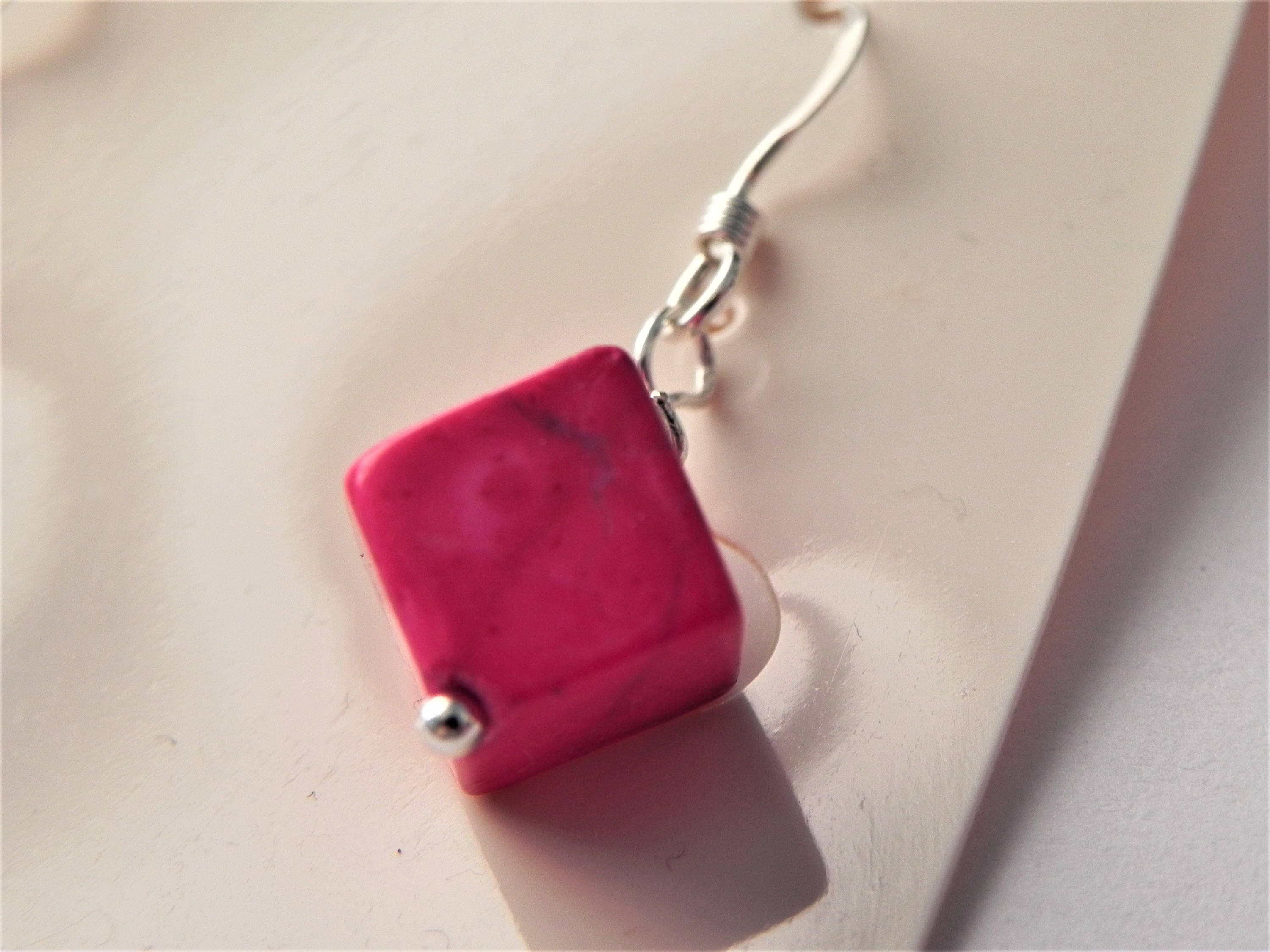 Hot Pink Howlite Sterling Silver Cube Earrings. - Etsy