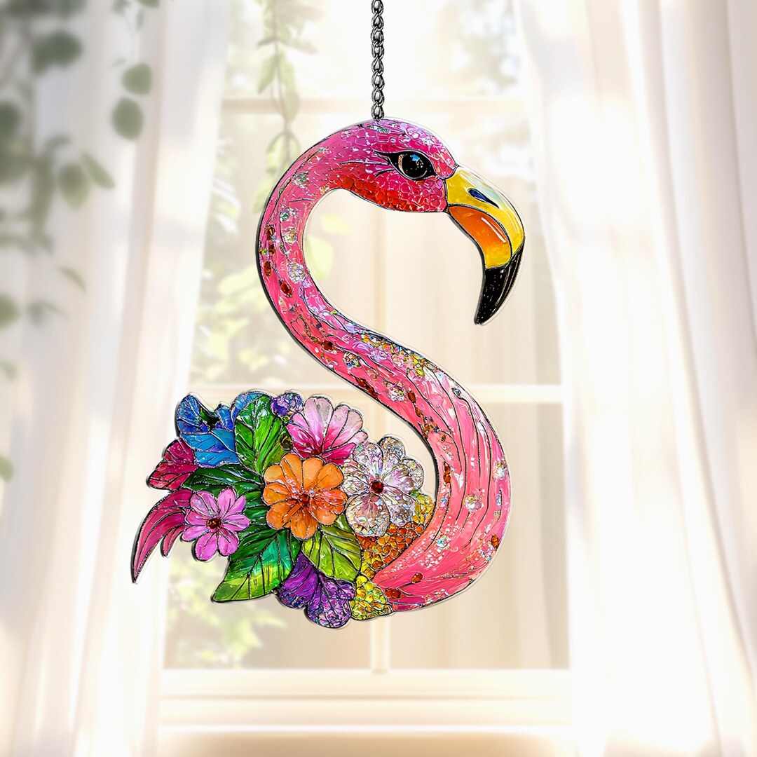 Acrylic Suncatcher Flamingo Window Hanging, Pink Bird Floral Window ...