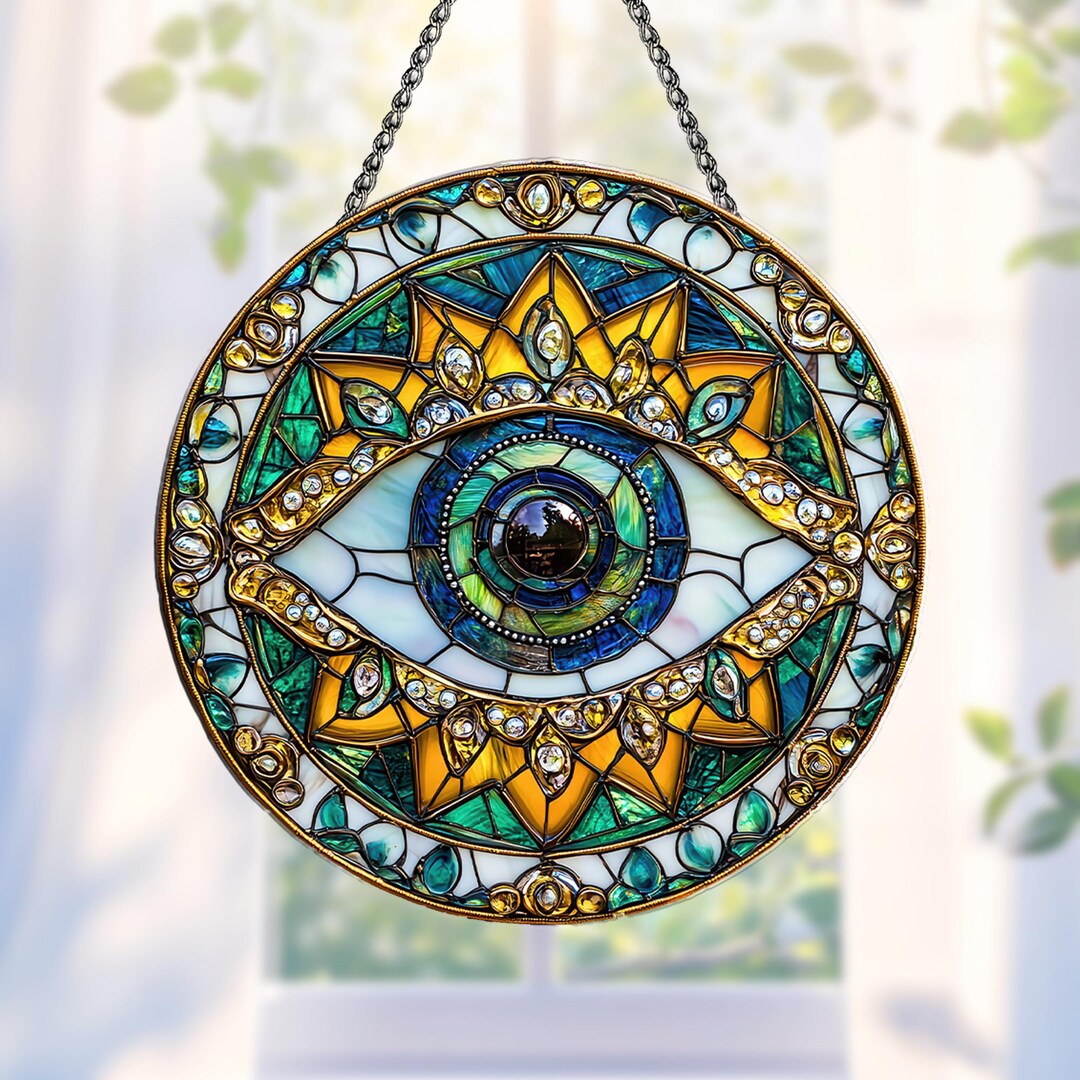 Stained Glass Eye Sunburst Window Hanging Decoration, Evil Eye Mandala ...
