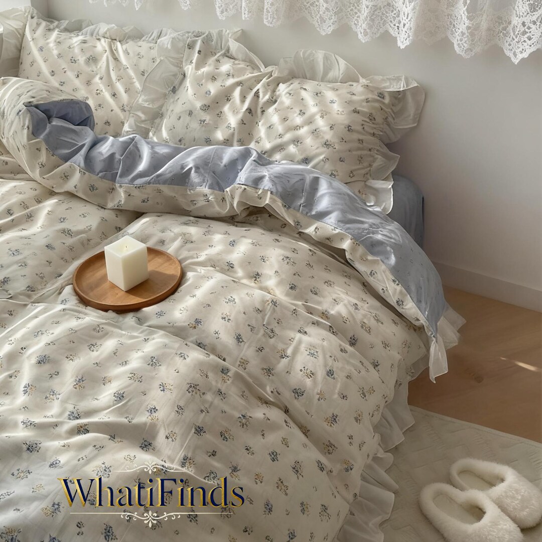Blue Floral Duvet Cover Set, Coquette Lace Trim Cotton Bedding Set ...