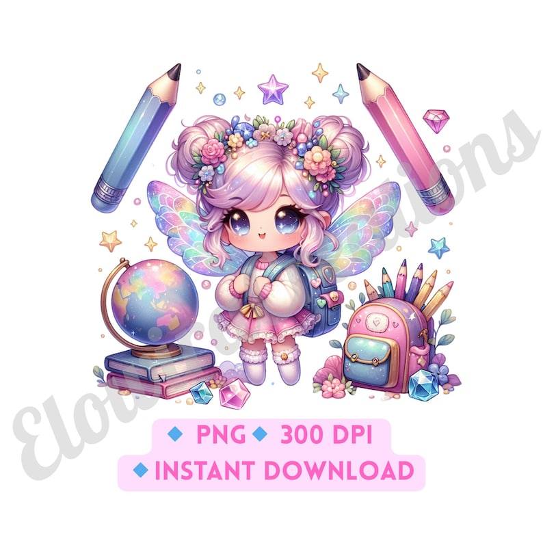 Chibi Fairy Girl Back to School PNG, Preppy Floral First Day of School ...
