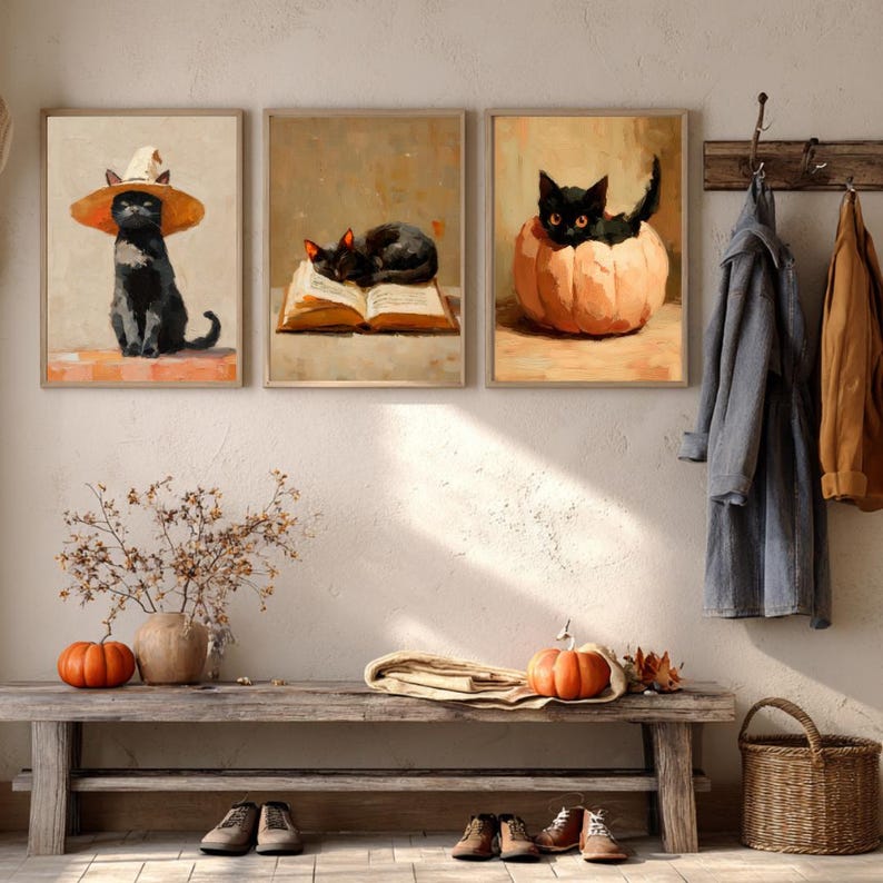 Black Cat Halloween Art Prints, Witch Hat, Pumpkin (digital Download ...
