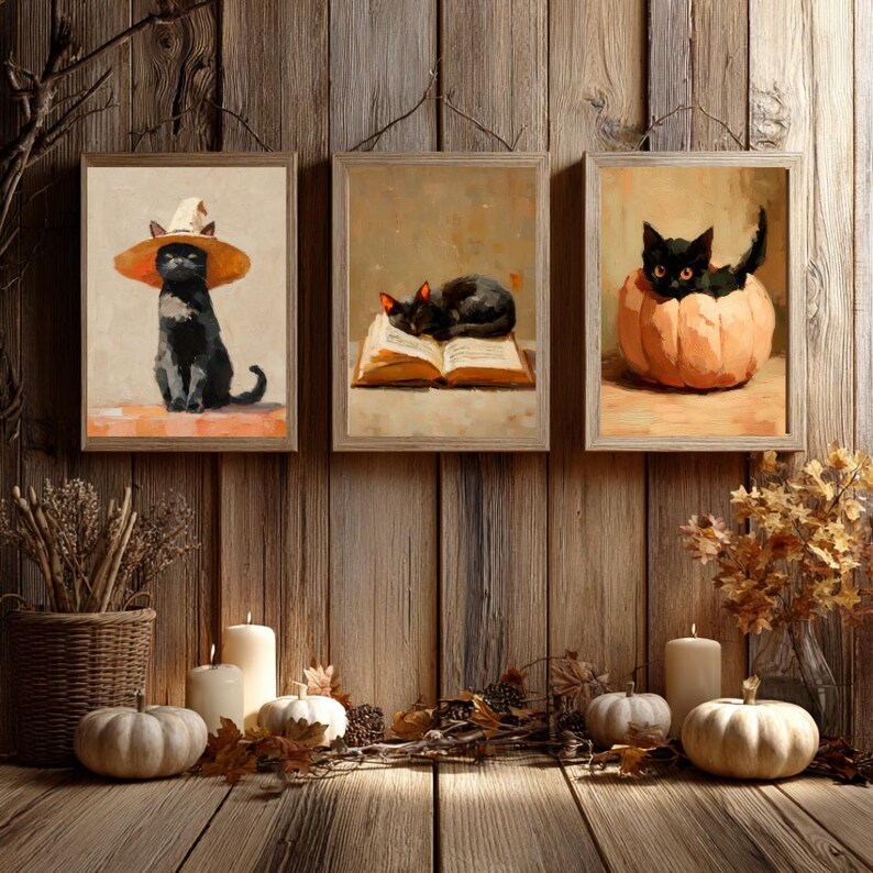 Black Cat Halloween Art Prints, Witch Hat, Pumpkin (digital Download ...