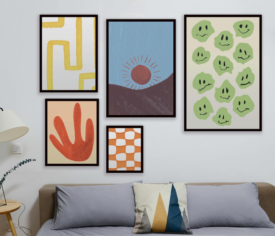 Abstract Smiley Face Art Prints: Colorful Home Decor Set (digital ...