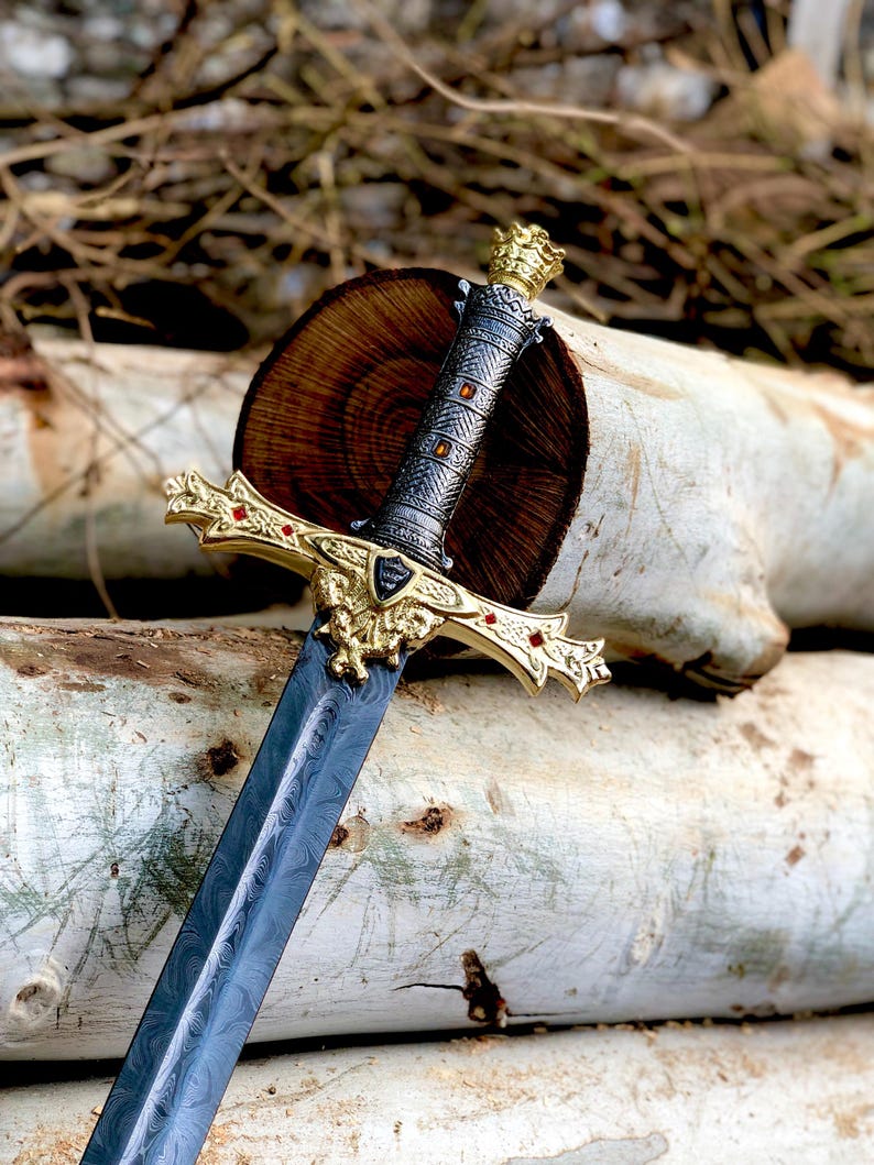 Handmade Damascus Steel Excalibur Sword, Crown Head Medieval Replica - Etsy