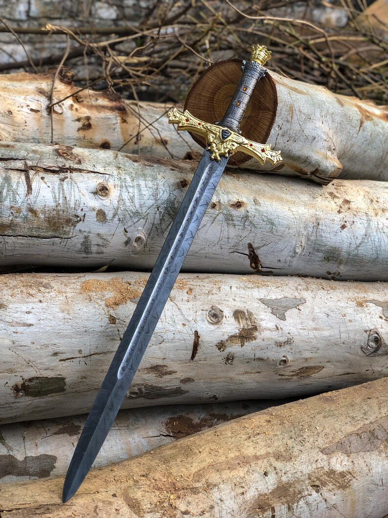 Handmade Damascus Steel Excalibur Sword, Crown Head Medieval Replica - Etsy