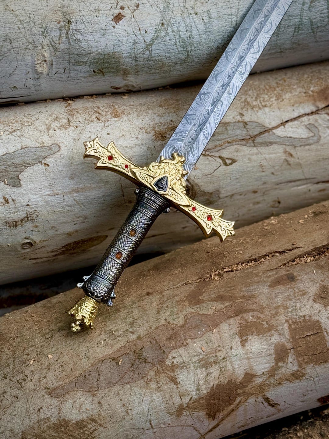 Handmade Damascus Steel Excalibur Sword, Crown Head Medieval Replica - Etsy