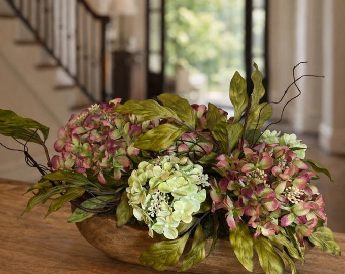 Luxurious Hydrangea Dough Bowl Centerpiece, Burgundy Green Floral ...