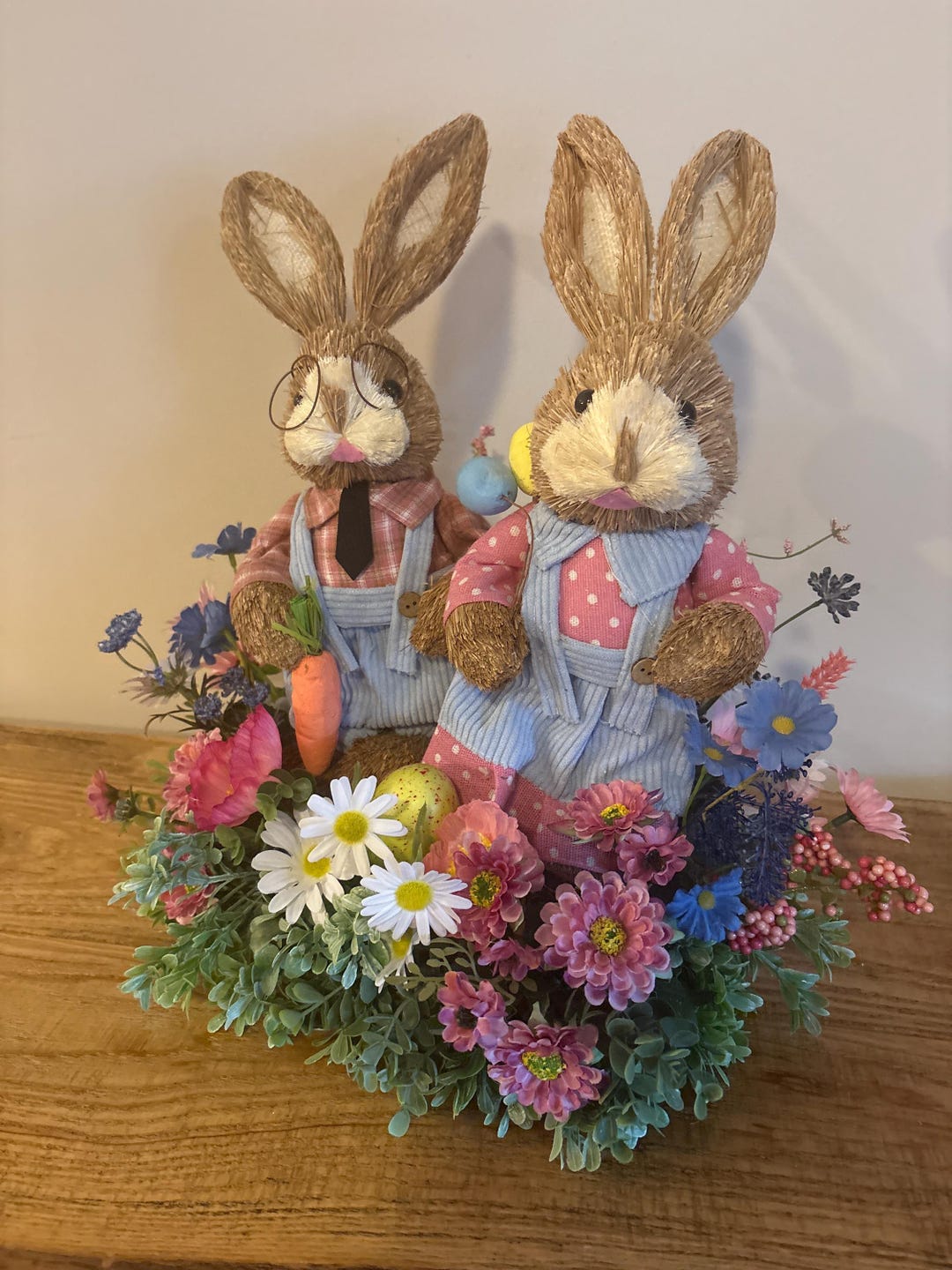 Easter Bunny Couple Centerpiece, Spring Floral Bunny Decor on Wooden ...