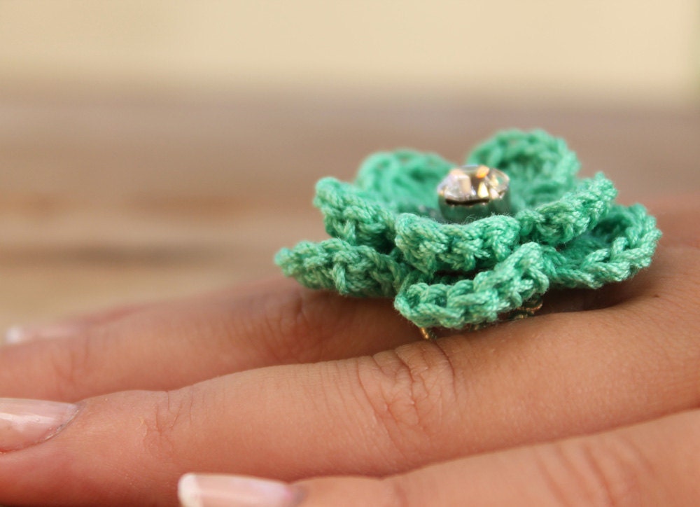 Ring Crochet Ring Green Mint Flower Crocheted Ring Delicate Flower Ring ...