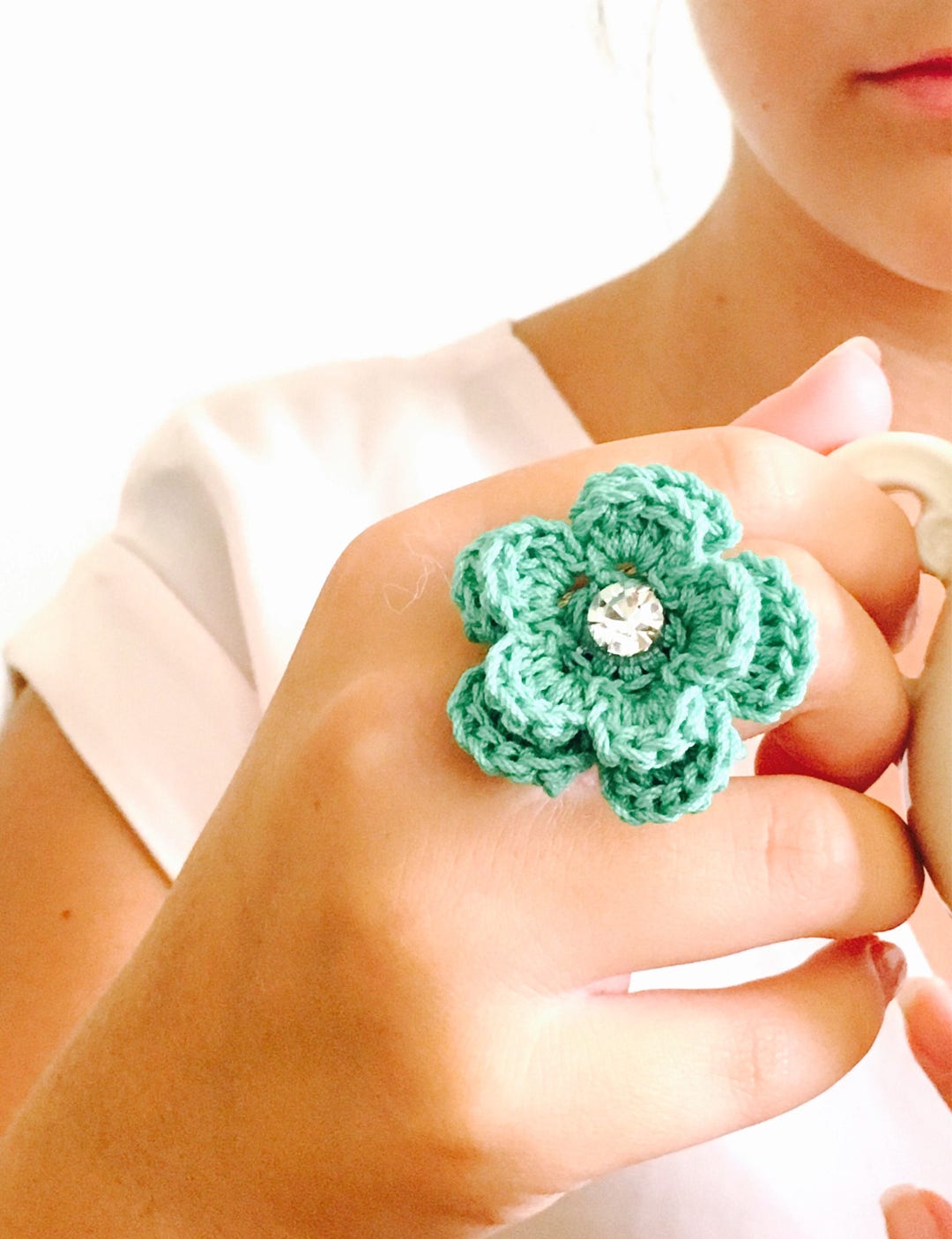 Ring - Crochet Ring - Green Mint Flower Crocheted Ring - Delicate ...