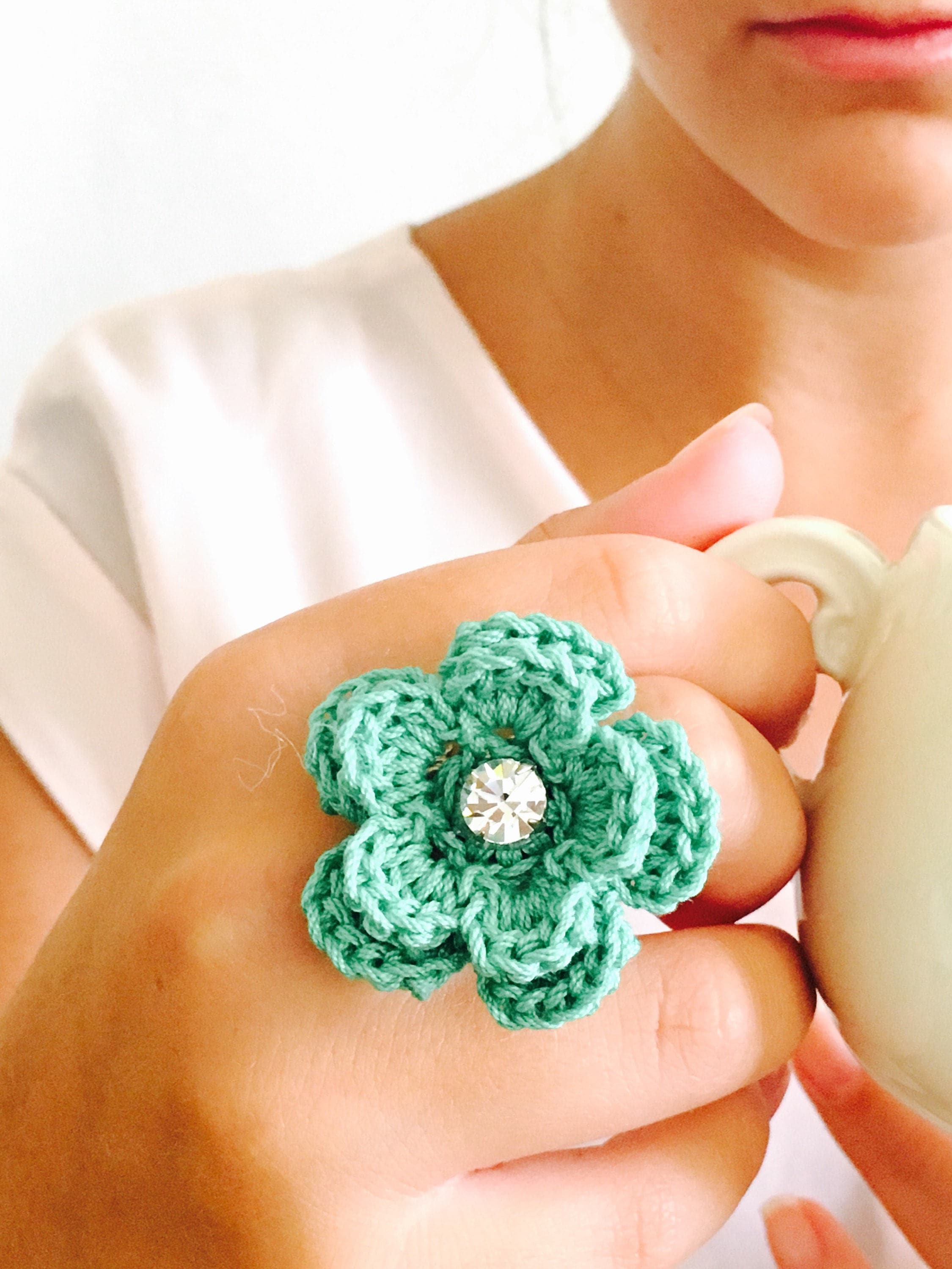 Ring Crochet Ring Green Mint Flower Crocheted Ring Delicate Flower Ring ...