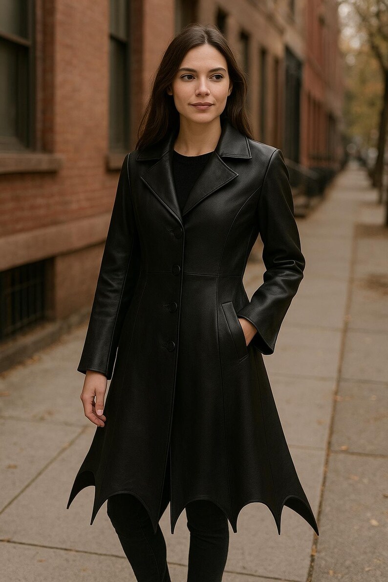 Vampire Trench Coat – Black Leather Gothic Long Coat With Bat-wing Hem ...