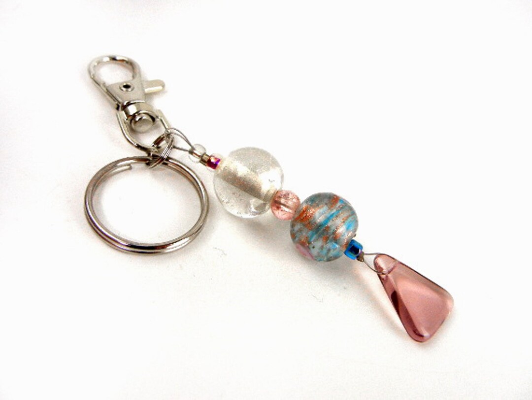 Pink Bag Charm or Key Chain With Aqua Lampwork Swirl Glass Bead ...