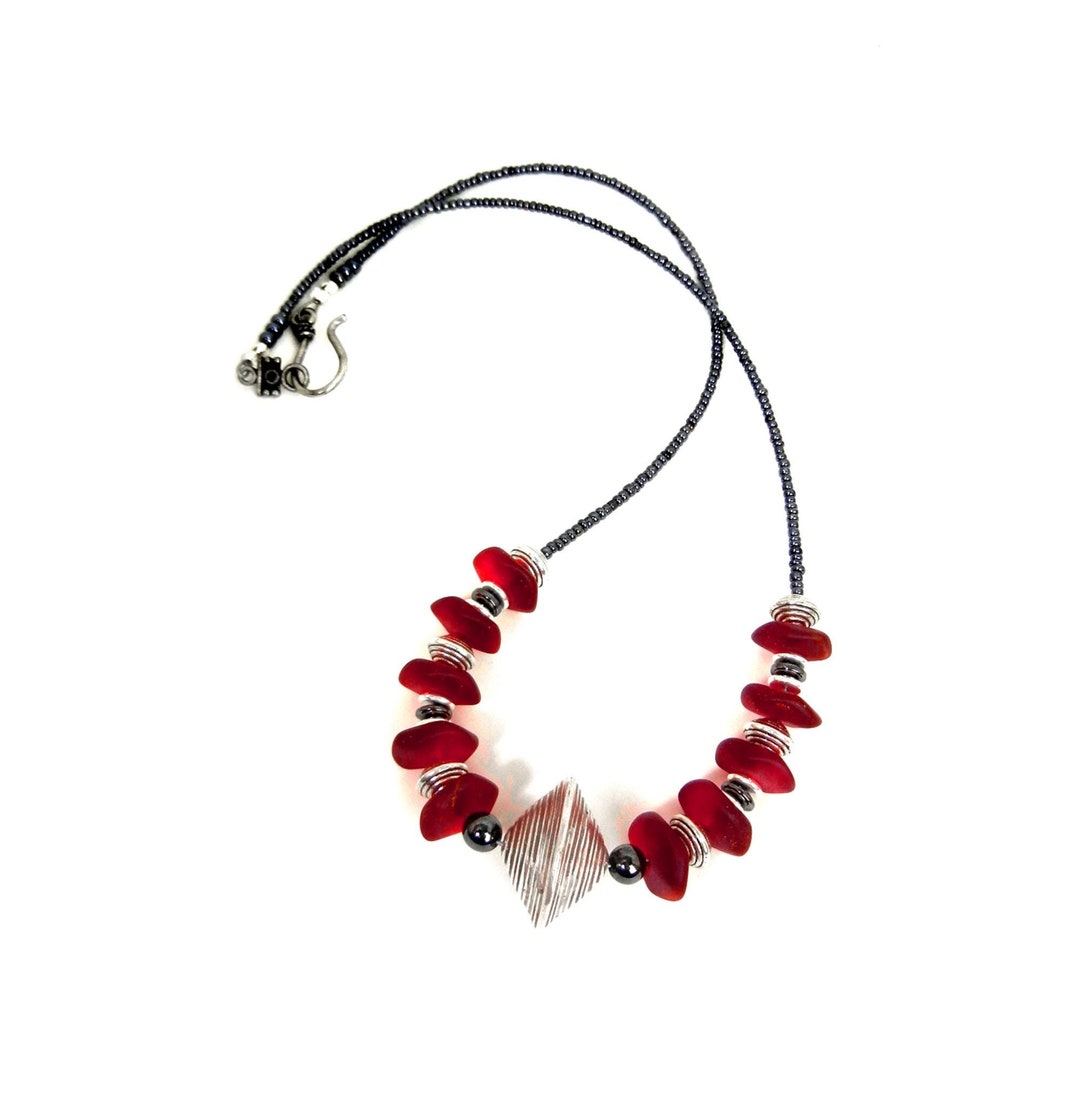 Frosted Red Glass Necklace With Ribbed Pewter Beads & Hematite ...
