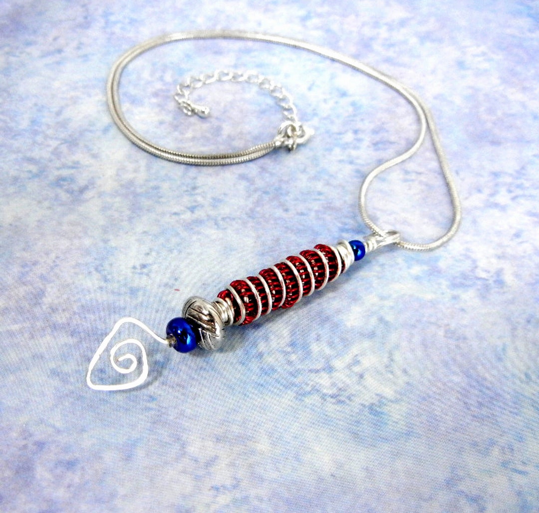 Firecracker pendant necklace burgundy coiled wire w/ silver & blue ...