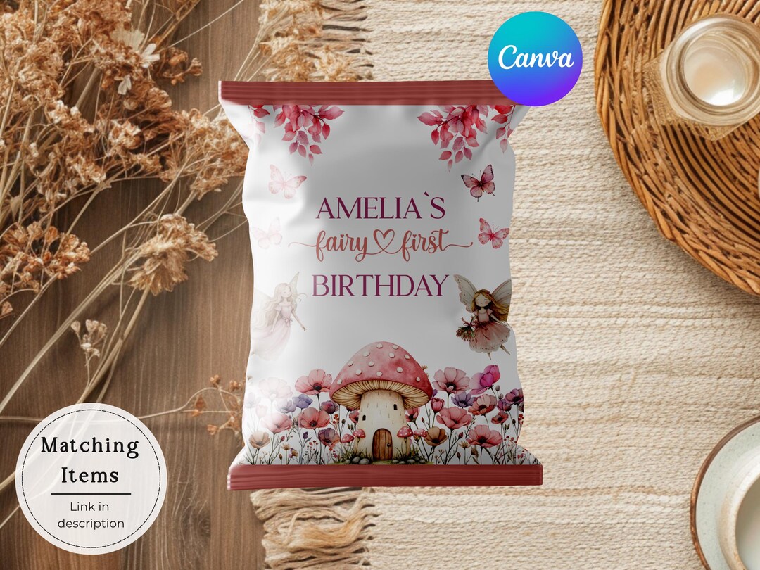 Fairy Girl Birthday Chips Bag Template With Floral Garden Design and ...
