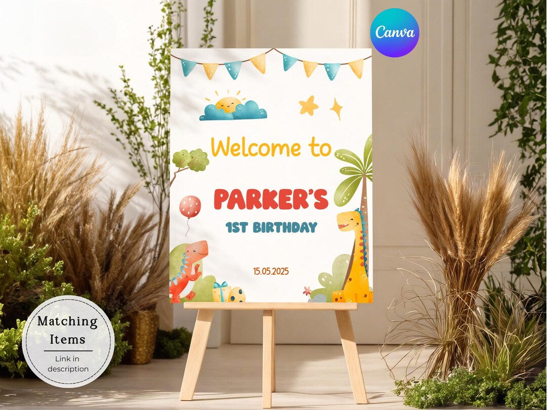 Dinosaur Welcome Sign, Dinosaur Birthday Welcome Poster, Dinosaur 1st ...