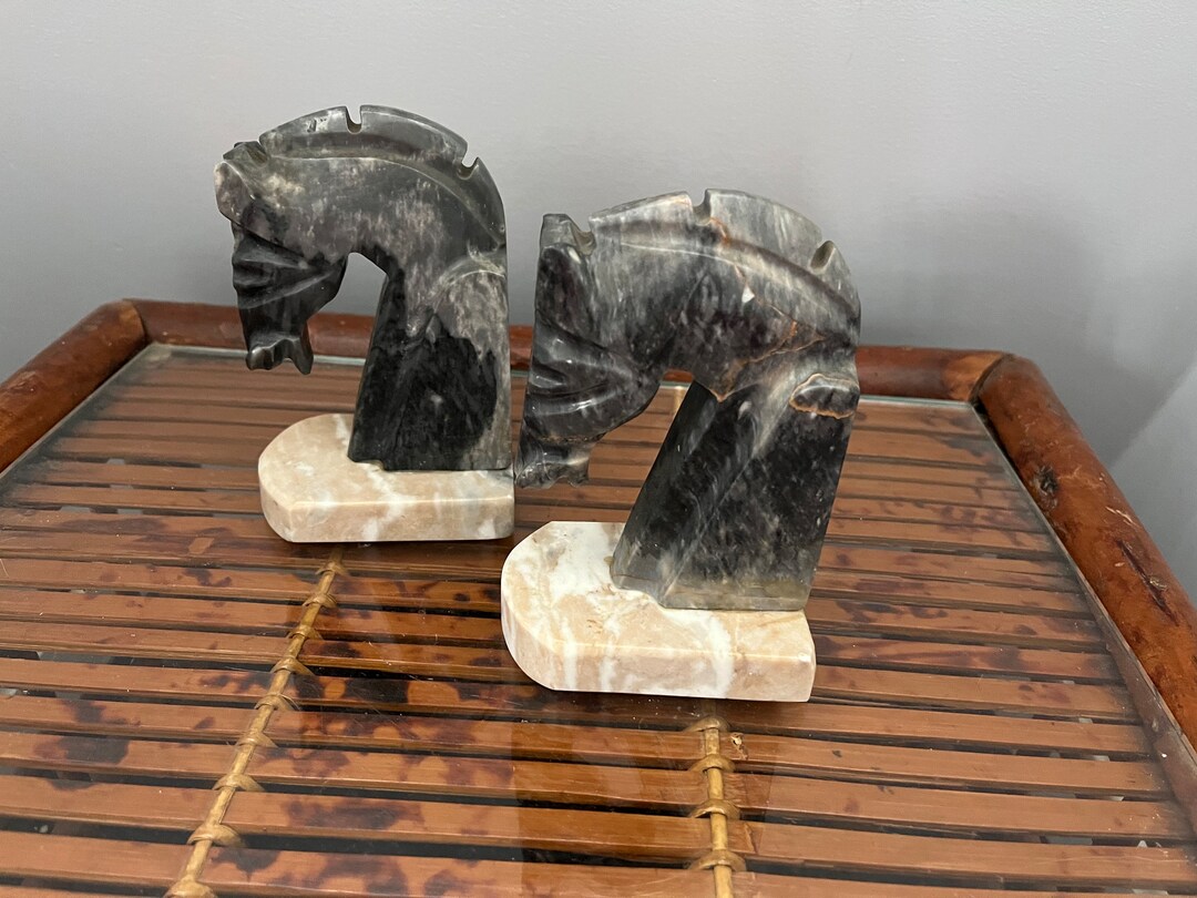 Vintage Chess Knight Horse Head Picasso Jasper Marble Stone Bookends ...