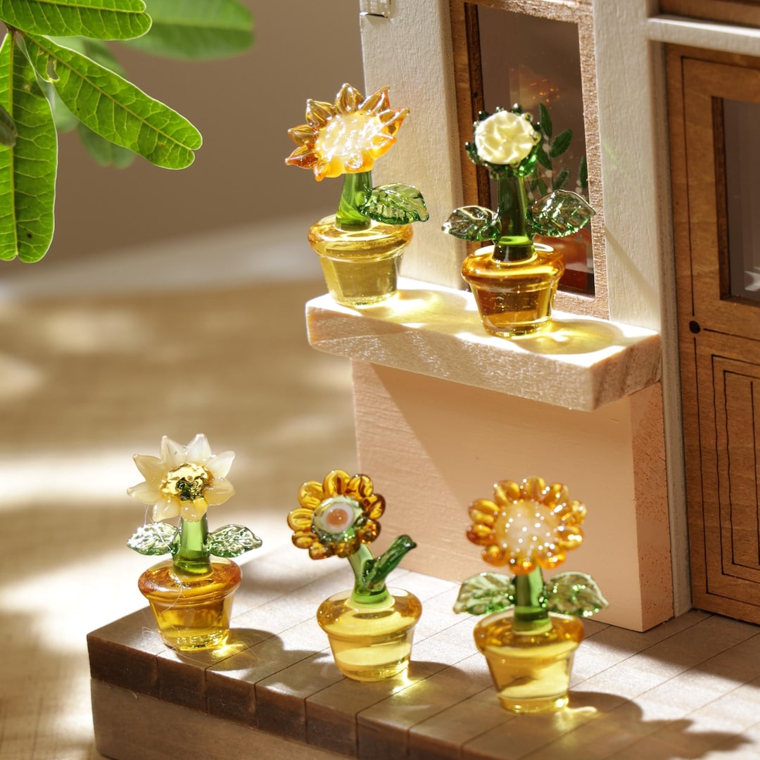 Handmade Mini Glass Flower Pot Set, Tiny Sunflower & Rose Potted Glass ...