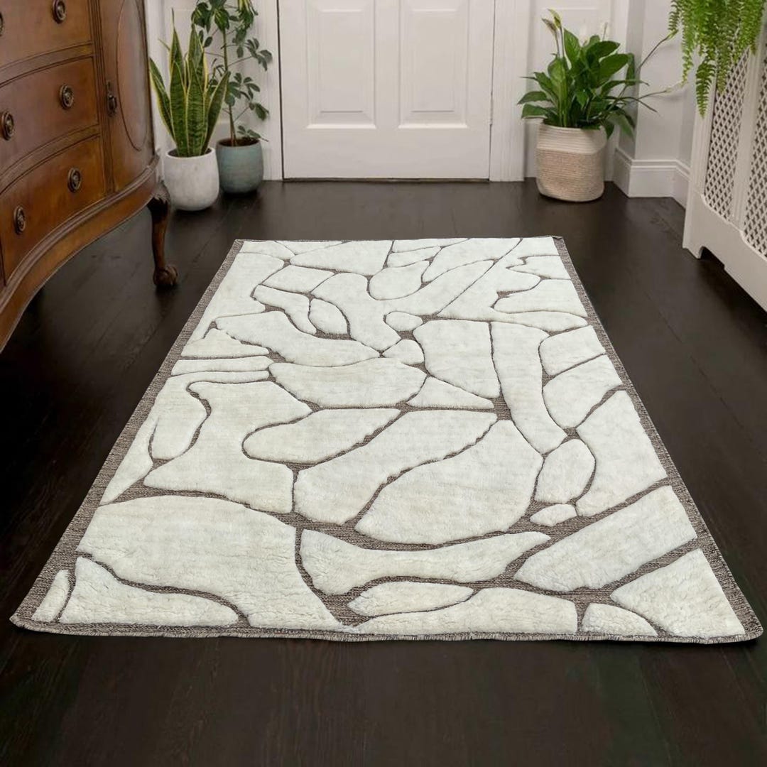 Hand Tufted | Modern Stone Pattern Rug – White & Grey Contemporary Area ...