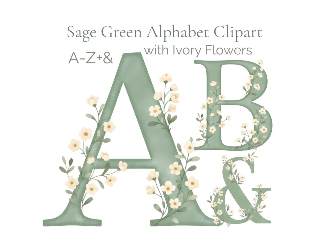 Sage Green Alphabet Clipart With Ivory Small Flowers, Vintage ...