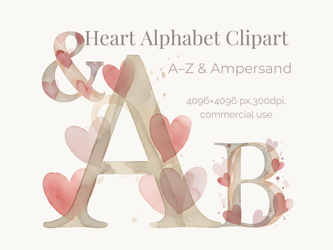 Heart Alphabet Clipart Set – Watercolor Initial Letters A–Z & Ampersand ...