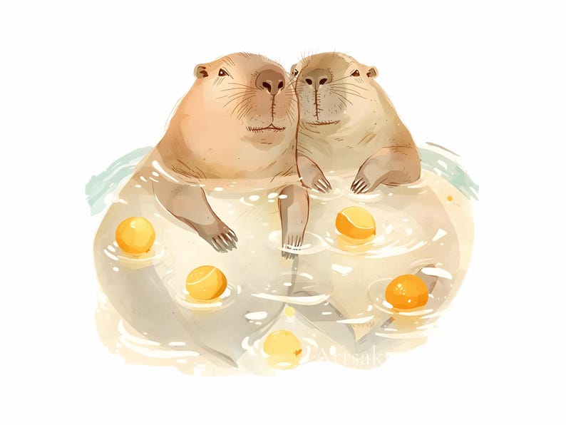 Capybara in Yuzu Onsen Clipart Set – Japanese Hot Spring Watercolor ...