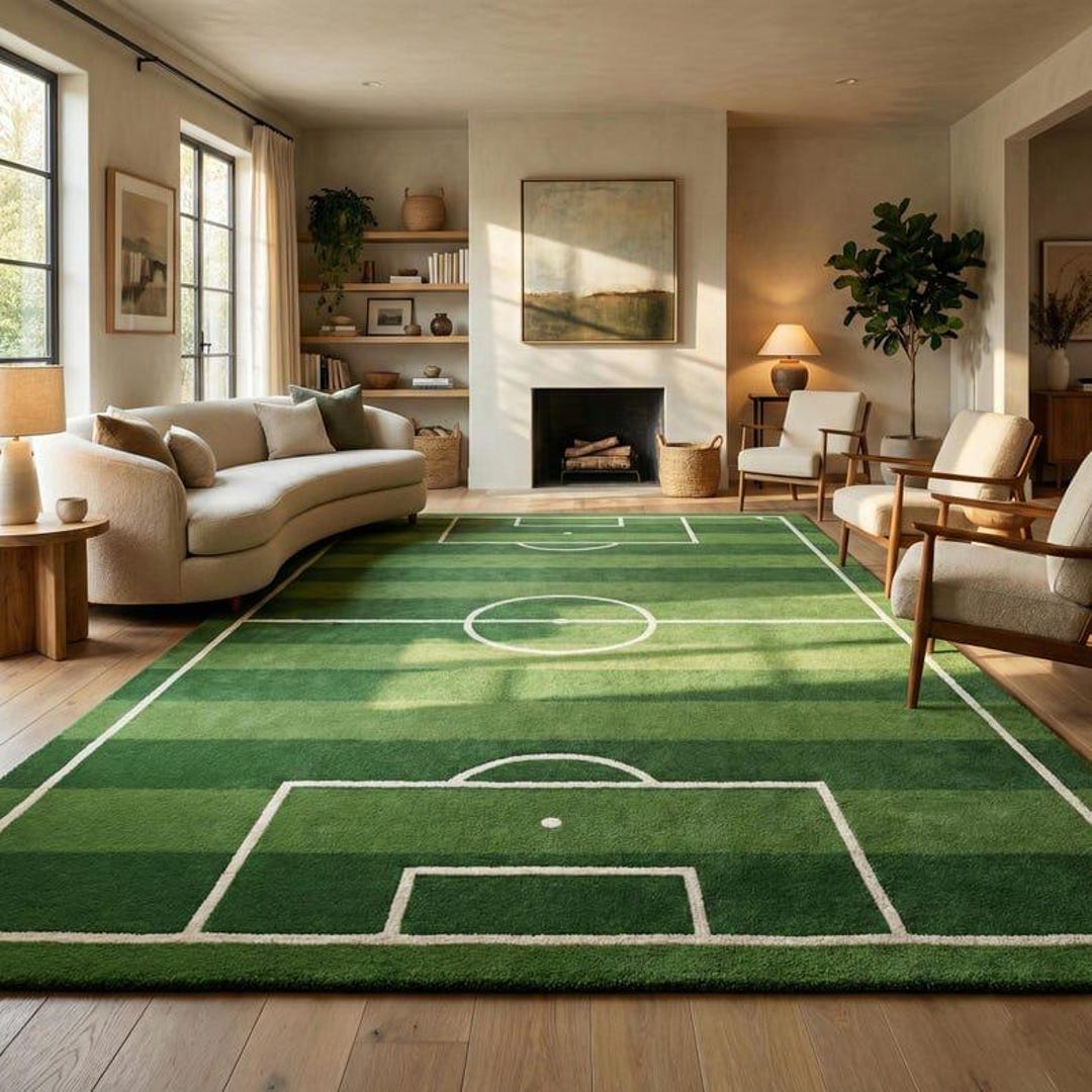 Soccer Field Rug Football Pitch Kids Play Mat Hand Tufted Green Wool ...
