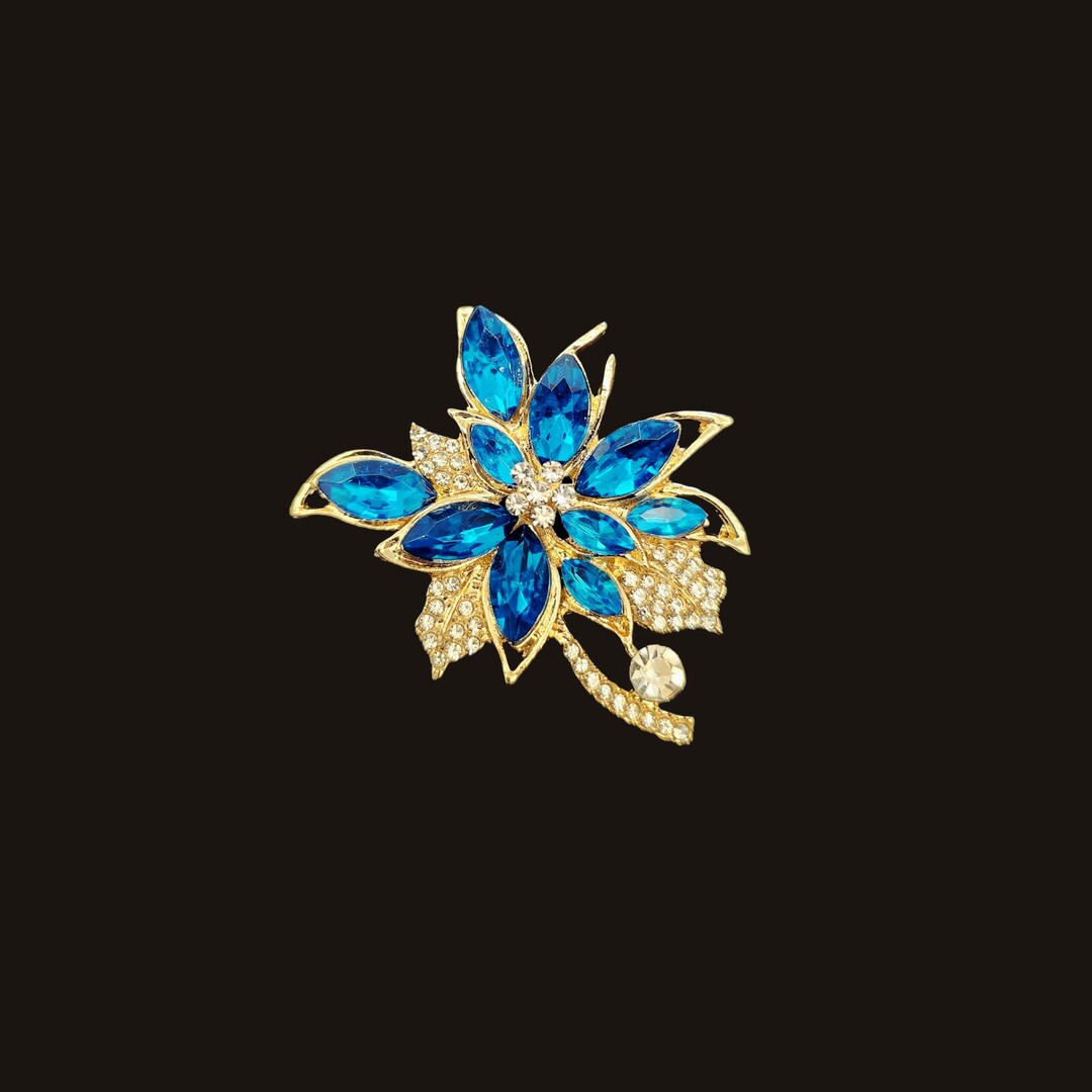 Golden Blue Flower Brooch, Flower Rhinestones, Blue Flower Pin, Cute ...
