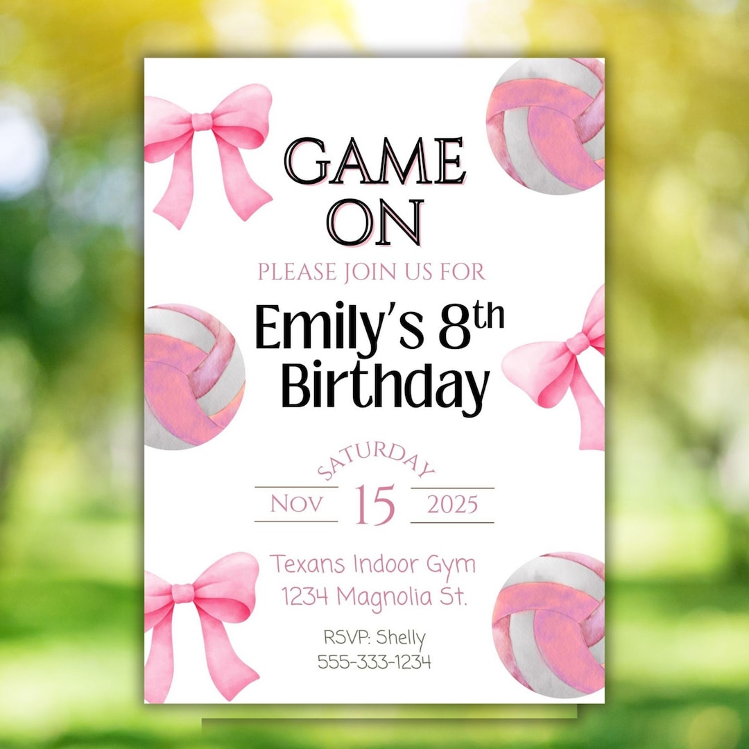 Pink Bow Volleyball Birthday Invitation, Editable Girl Party Invite ...