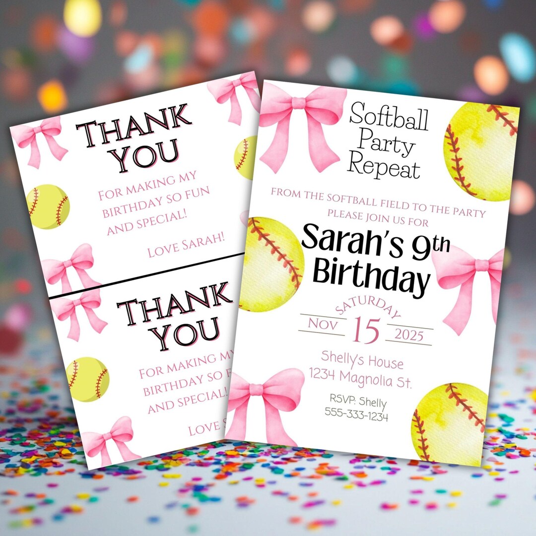 Softball Pink Bow Birthday Invitation Template, Girls Sports Party ...