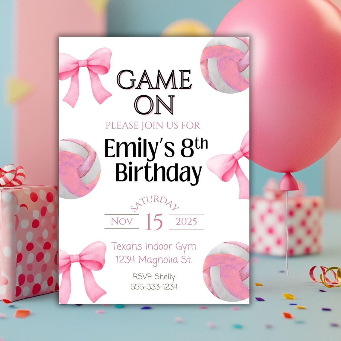 Pink Bow Volleyball Birthday Invitation, Editable Girl Party Invite ...