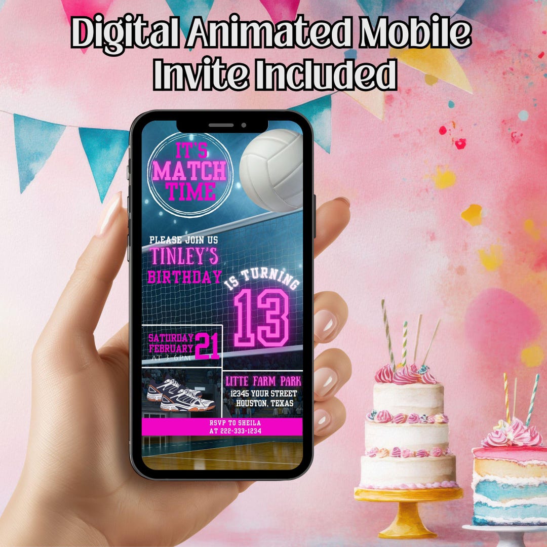 Animated Mobile Digital Pink Volleyball Court Birthday Invitation ...
