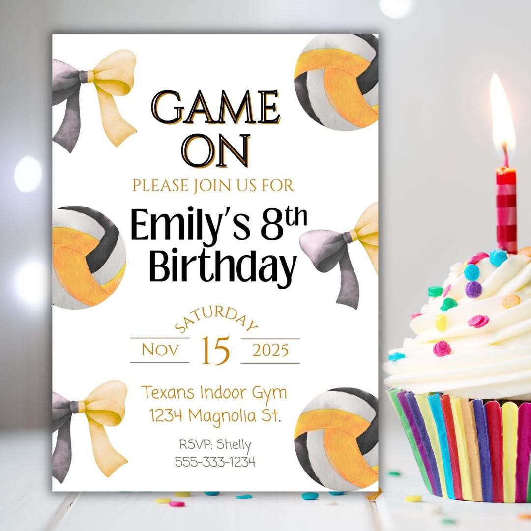 Black and Gold Bow Volleyball Birthday Invitation, Editable Digital ...