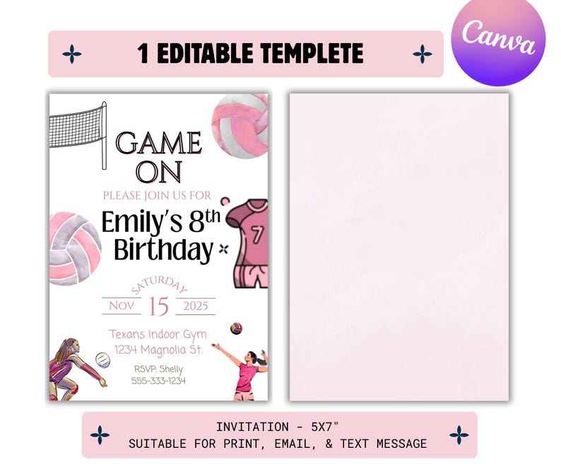 Volleyball Birthday Invitation, Editable Girl Party Invite, Canva ...