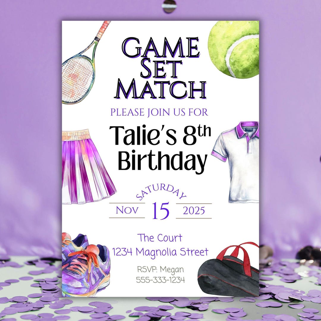 Purple Girl Tennis Birthday Invitation, Custom Digital Invitation ...
