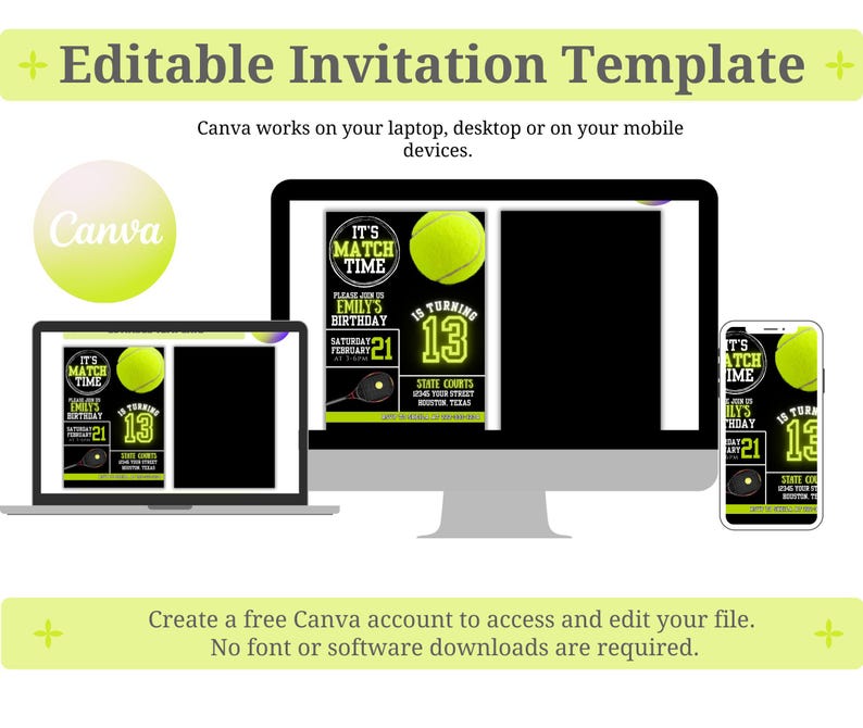 Tennis Birthday Invitation, Sports Party Invite (digital Download 5x7 ...