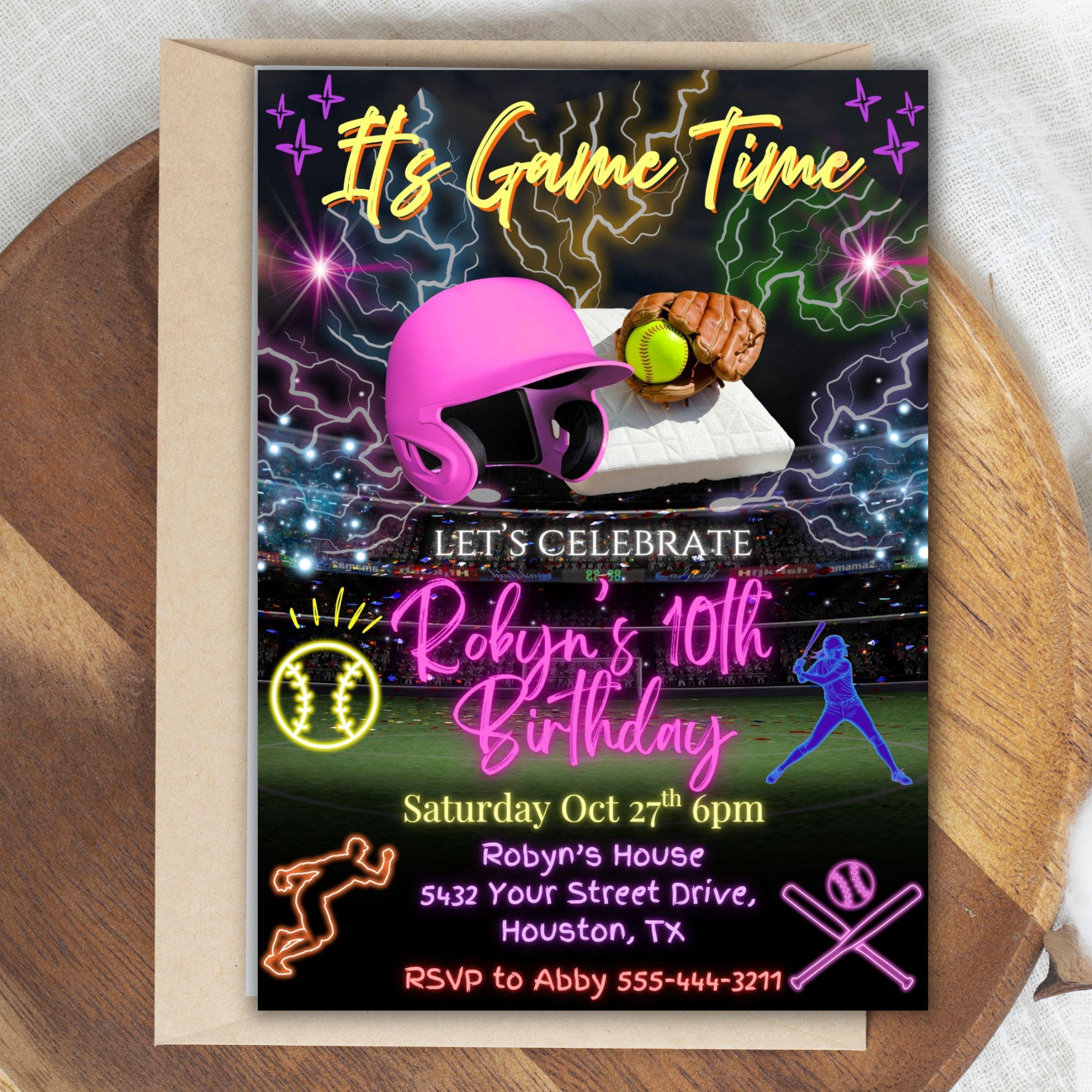Neon Girls Sports Softball Invitation, All Sports Party Invite ...