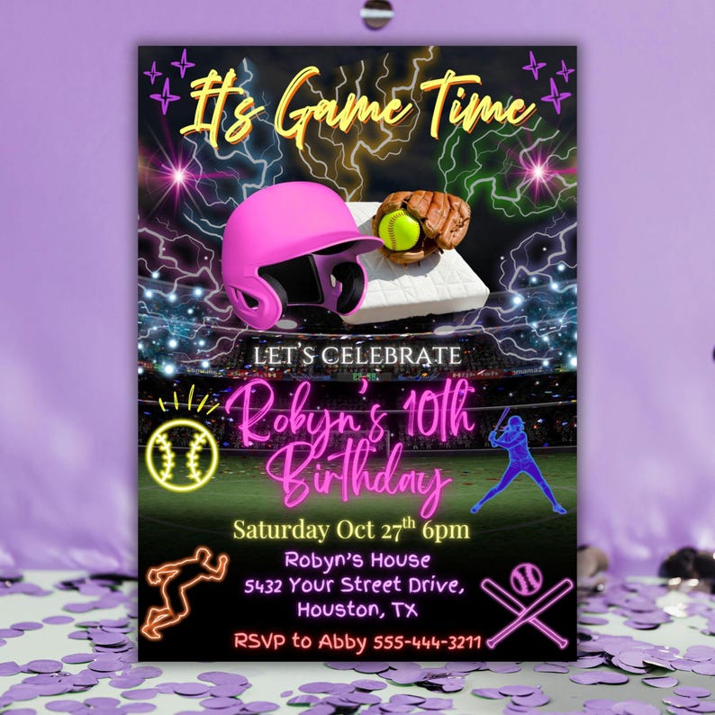 Neon Girls Sports Softball Invitation, All Sports Party Invite ...