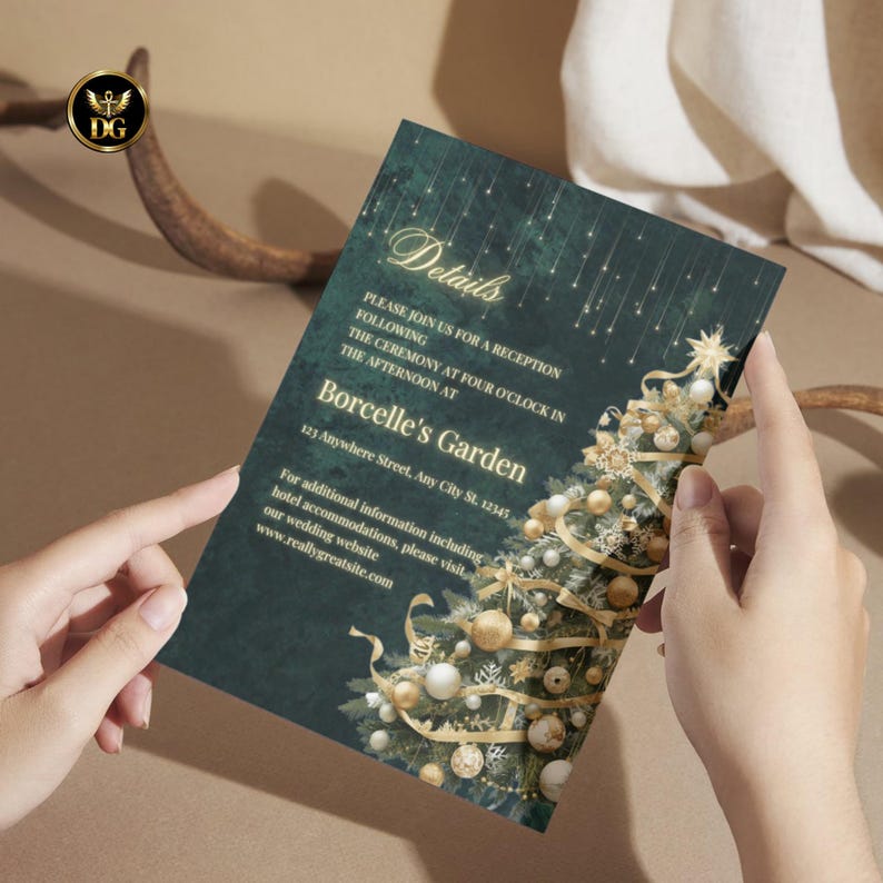 Emerald Velvet & Golden Christmas Tree Wedding Invitation Suite ...