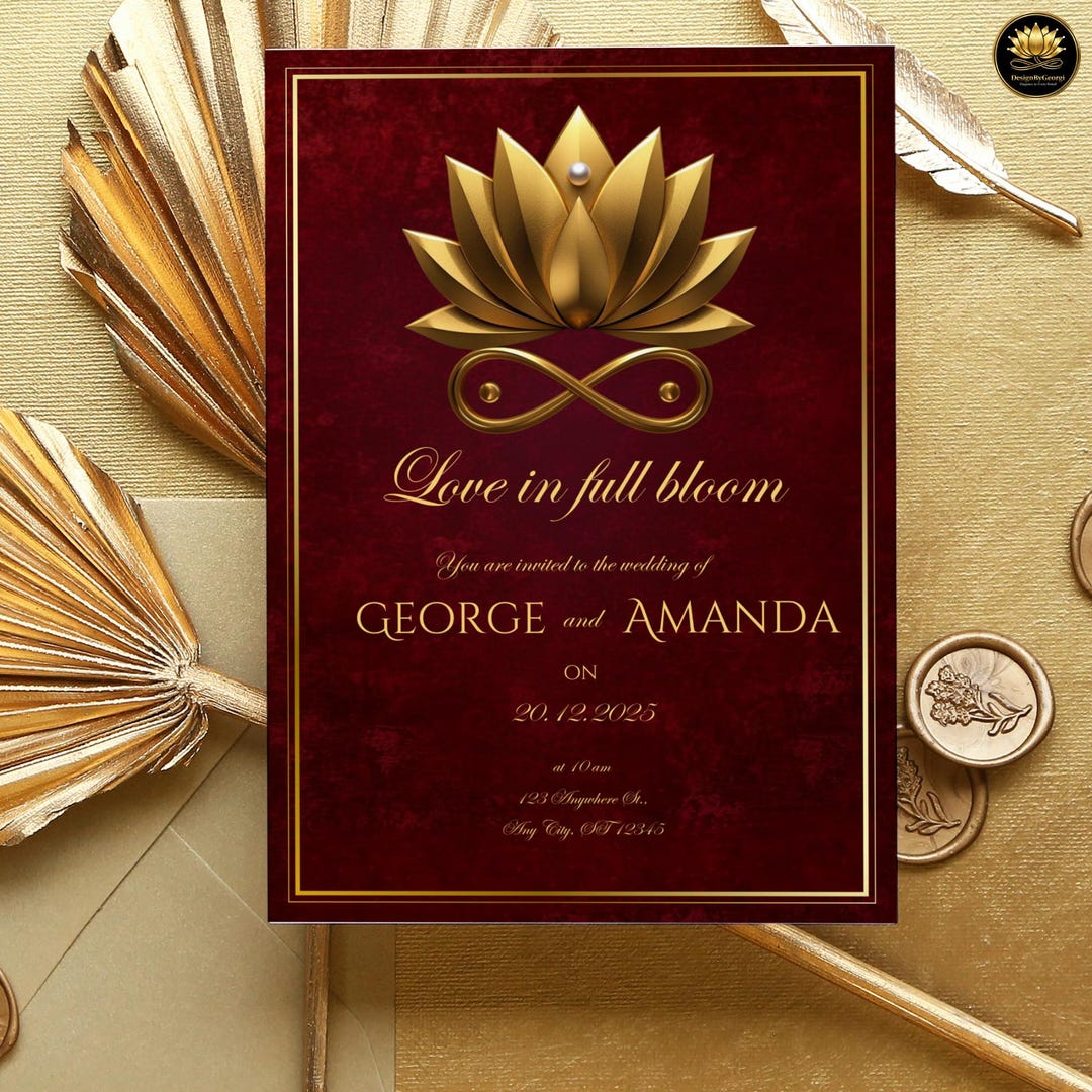 Golden Lotus Pearl Infinity Wedding Invitation Burgundy Velvet | Luxury ...