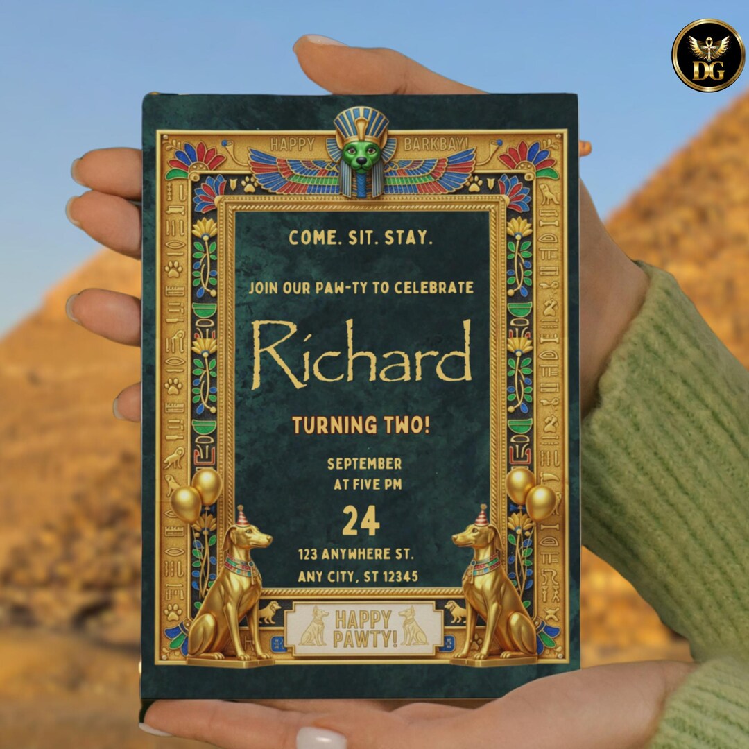 Anubis Egyptian Dog Birthday Invitation – Emerald Velvet Royal Barkday ...