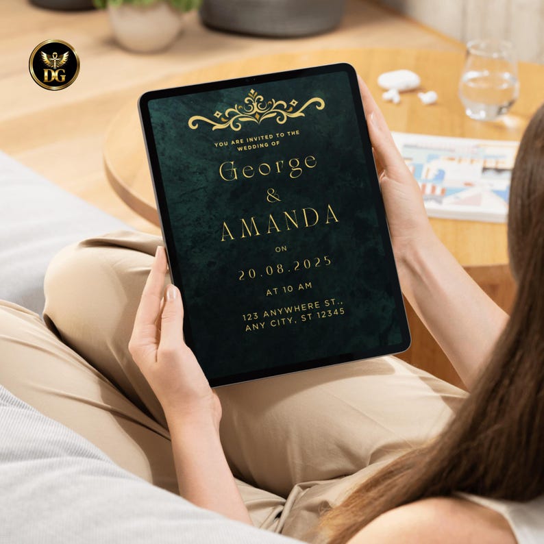 Royal Green and Gold Wedding Invitation Suite, Elegant Crown Invite ...