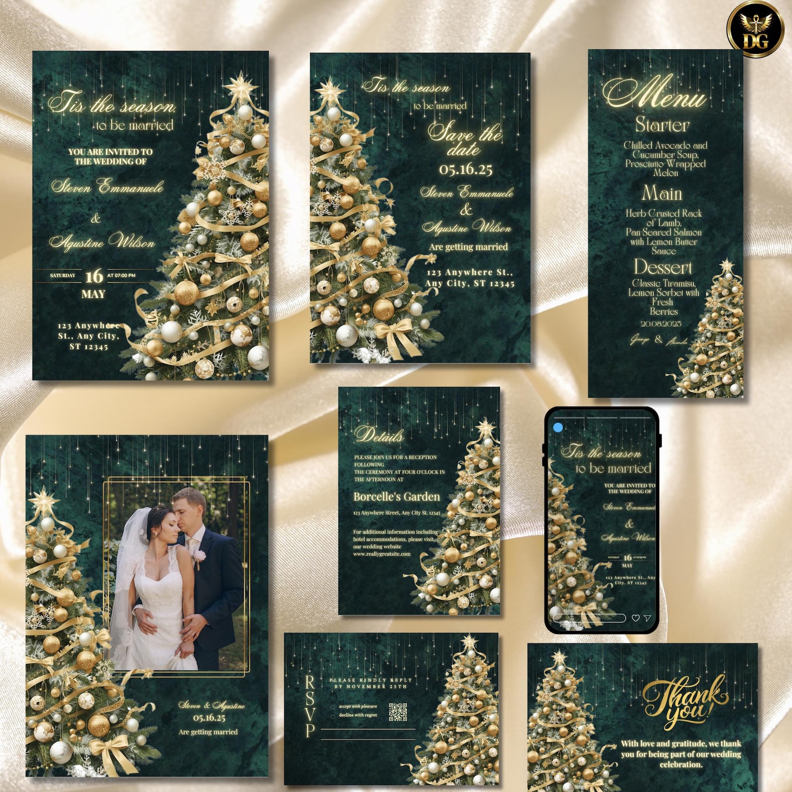 Emerald Velvet & Golden Christmas Tree Wedding Invitation Suite ...