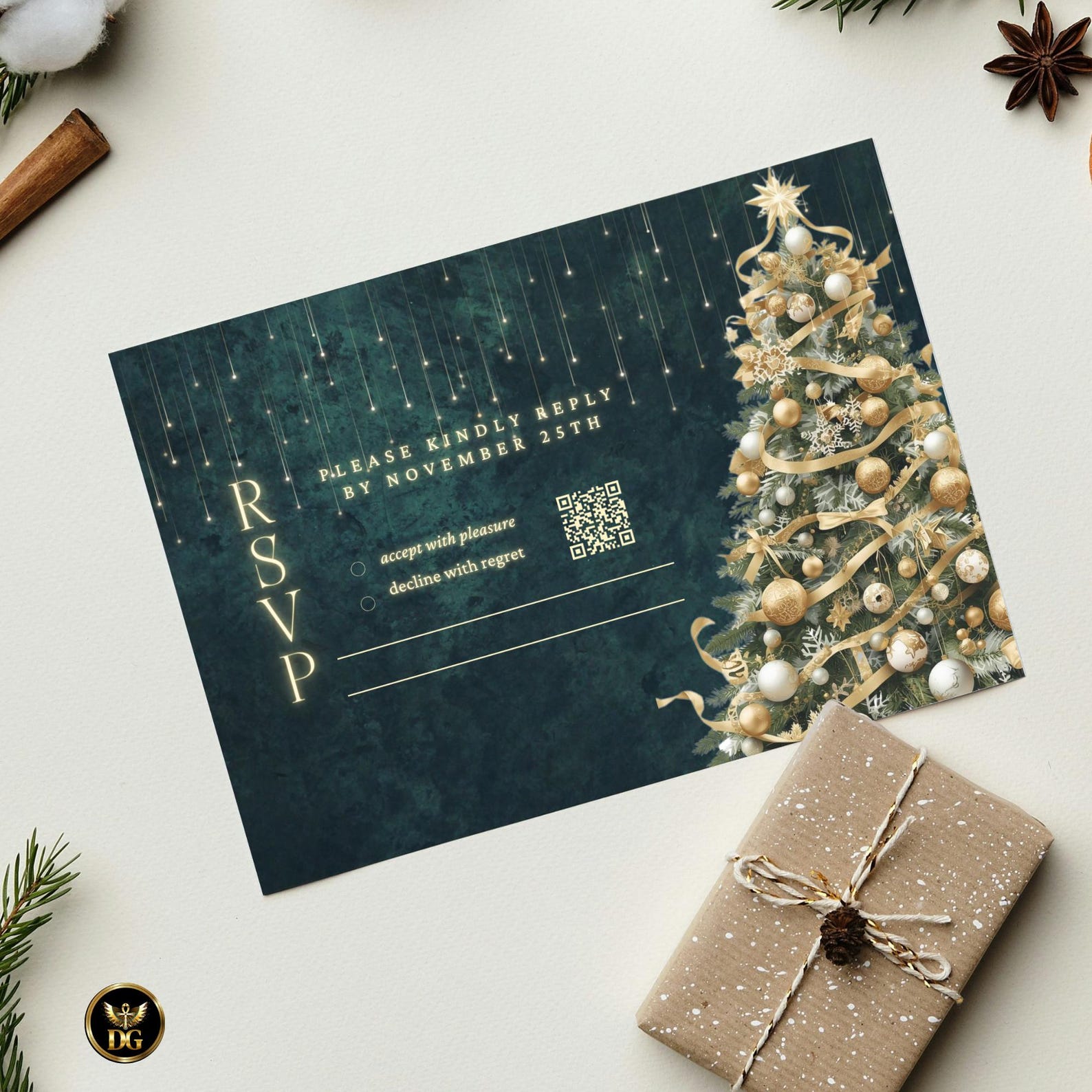 Emerald Velvet & Golden Christmas Tree Wedding Invitation Suite ...
