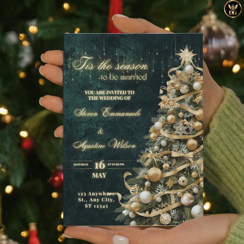 Emerald Velvet & Golden Christmas Tree Wedding Invitation Suite ...